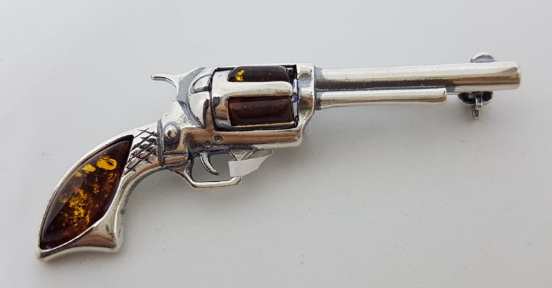 * SOLD * Sterling Silver Natural Amber Large Revolver / Pistol / Gun ...