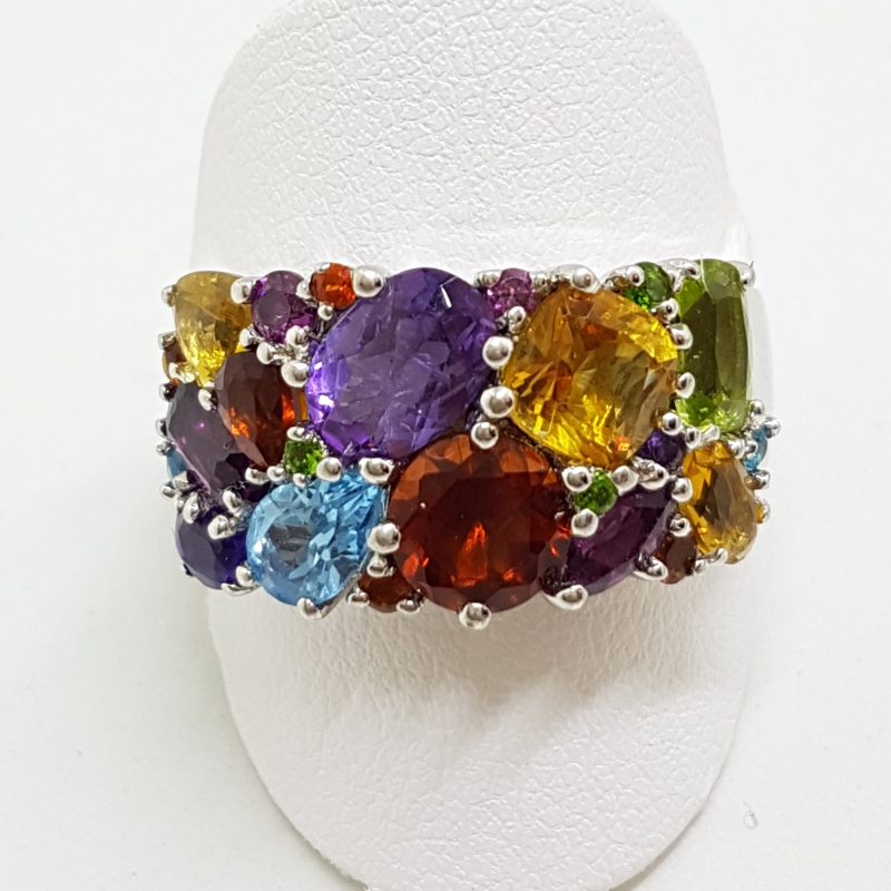 * SOLD * Sterling Silver Multi-Coloured Gemstones Wide Band Ring