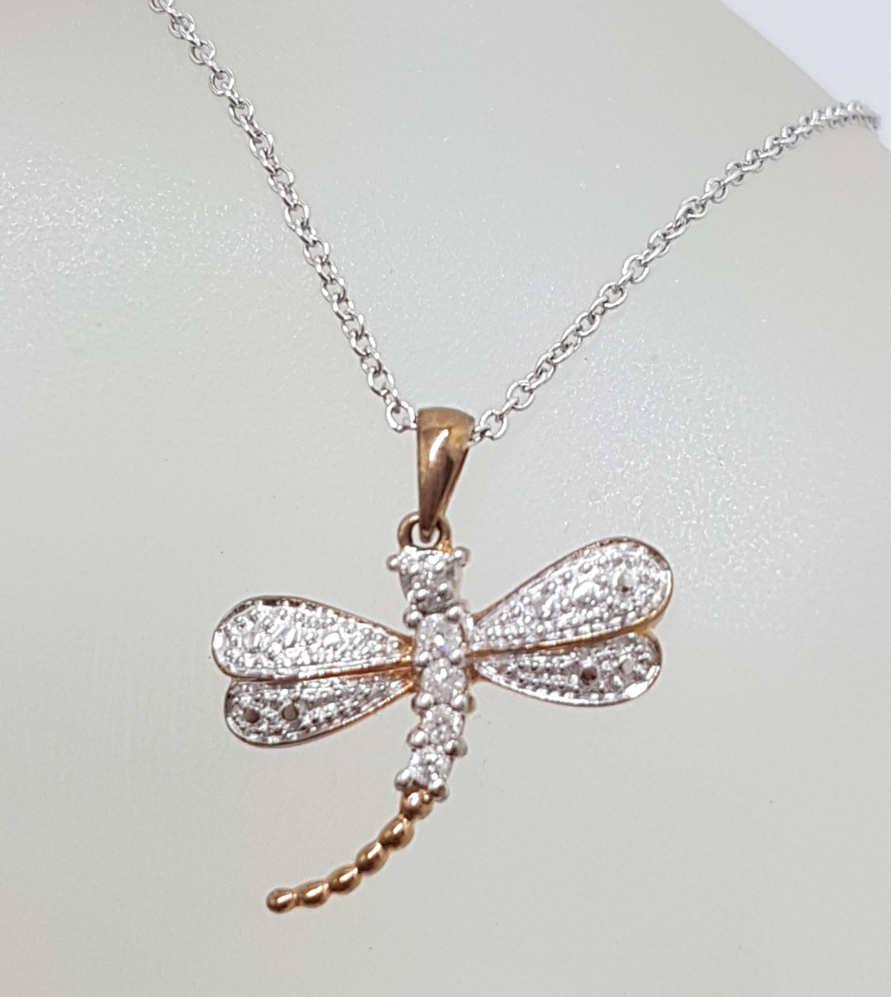 * SOLD * 9ct Rose & White Gold Dragonfly Pendant set with Diamonds on ...