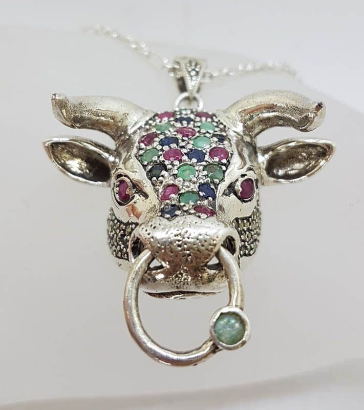* SOLD * Sterling Silver Marcasite, Emerald, Ruby and Sapphire Bull ...