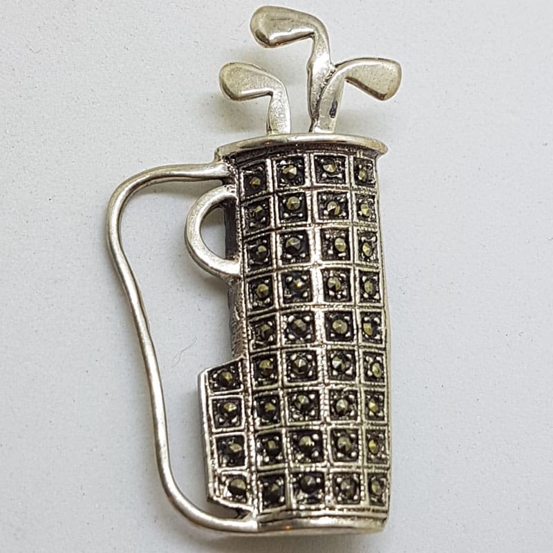 * SOLD * Sterling Silver Marcasite Golf Clubs in Golf Bag Brooch ...