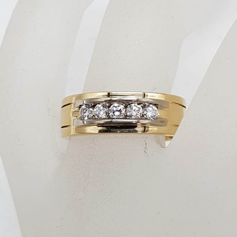 18ct Yellow Gold & White Gold Diamond 5 Stone Channel Set Wide Band ...