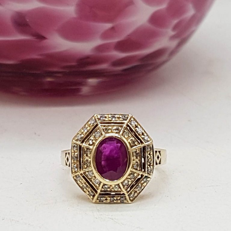 * SOLD * 9ct Yellow Gold Large Octagonal Natural Ruby & Diamond Cluster ...